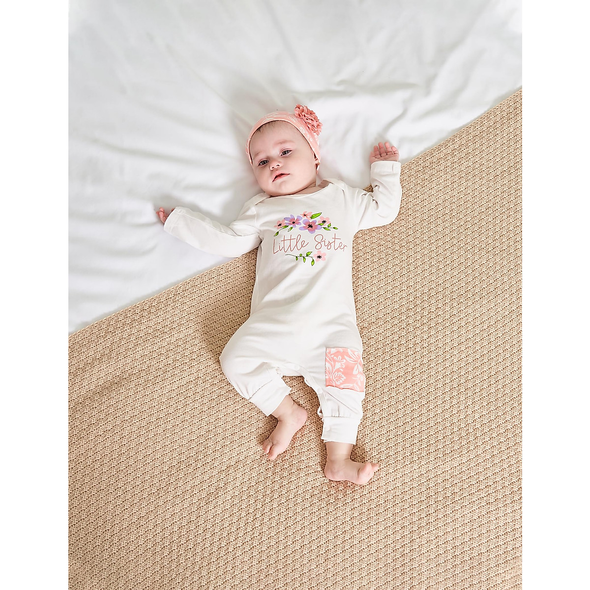 ChicRosa Baby Girl Clothes Little Baby Sister Newborn Outfit Long Sleeve Romper + Hat + Headband 3Pc Infant Clothing Set 0-3 Months