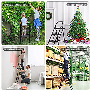 3 Step Ladder Folding Step Stool with Wide Anti-Slip Pedals and Comfort Handgrip for Kitchen Household and Office, Lightweight Capacity 500lbs Sturdy Step Ladder（Black）