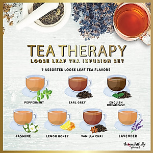 Thoughtfully Gourmet, Tea Therapy Infusion Gift Set, 7 Unique Flavors and Reusable Copper Ball Infuser, Loose Leaf Tea Set Flavors Include Peppermint, Jasmine, Vanilla Chai and More, Set of 7