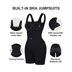 Popilush Jumpsuits for Women Built-In Sports Bra Ribbed Short Casual Summer Square Neck Rompers Sleeveless Yoga Outfits Workout Sets Black M