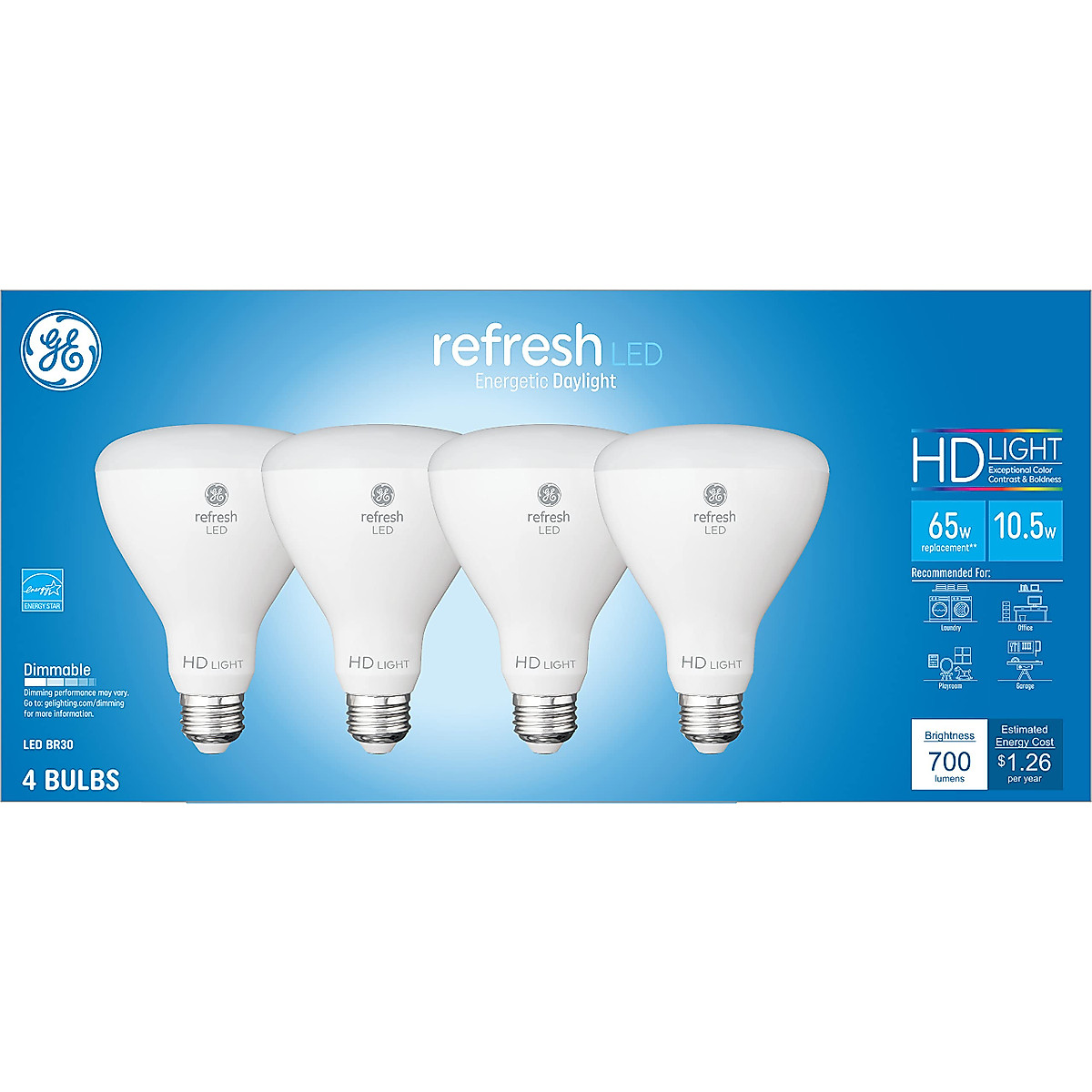 GE Refresh LED Light Bulbs, Indoor Floodlight Bulbs, 10.5 Watt (65 Watt Equivalent) Energetic Daylight, Medium Base, Dimmable (4 Pack)