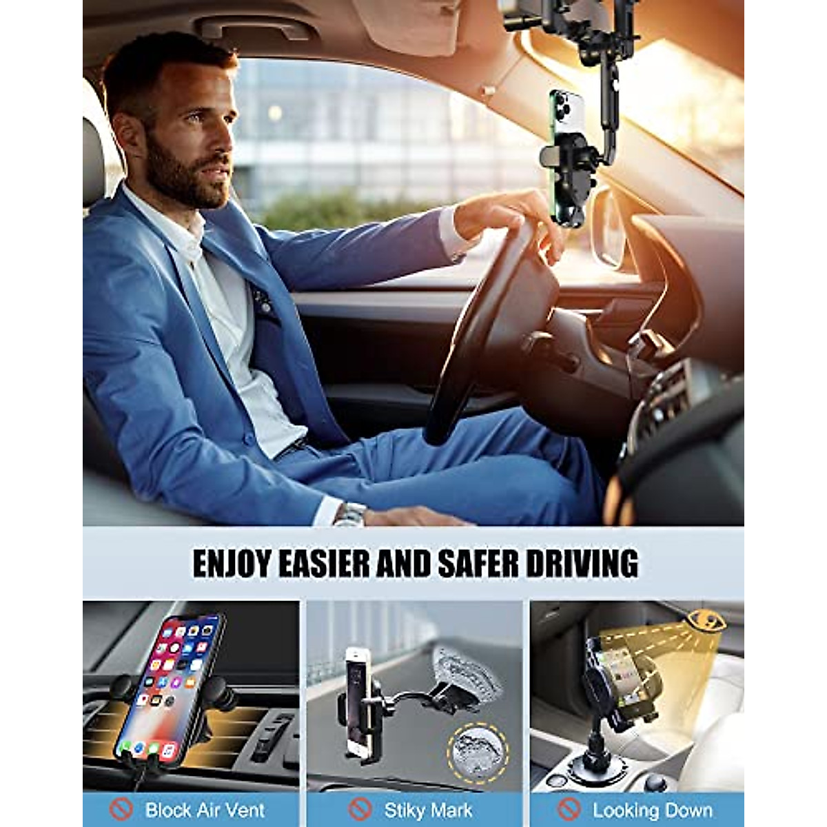OFY Phone Mount for Car, [Big Rear Mirrors Friendly] Rear View Mirror Phone Holder, 360 Rotatable and Retractable Car Phone Holder for All Mobile Phones & Most Vehicles