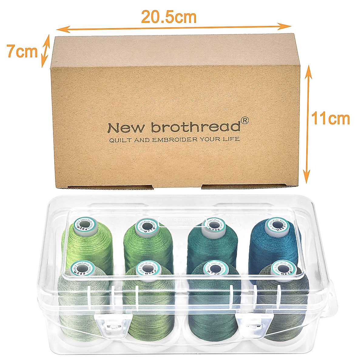 New brothread - 20 Options - 8 Snap Spools of 1000m Each Polyester Embroidery Machine Thread with Clear Plastic Storage Box for Embroidery & Quilting - Different Green