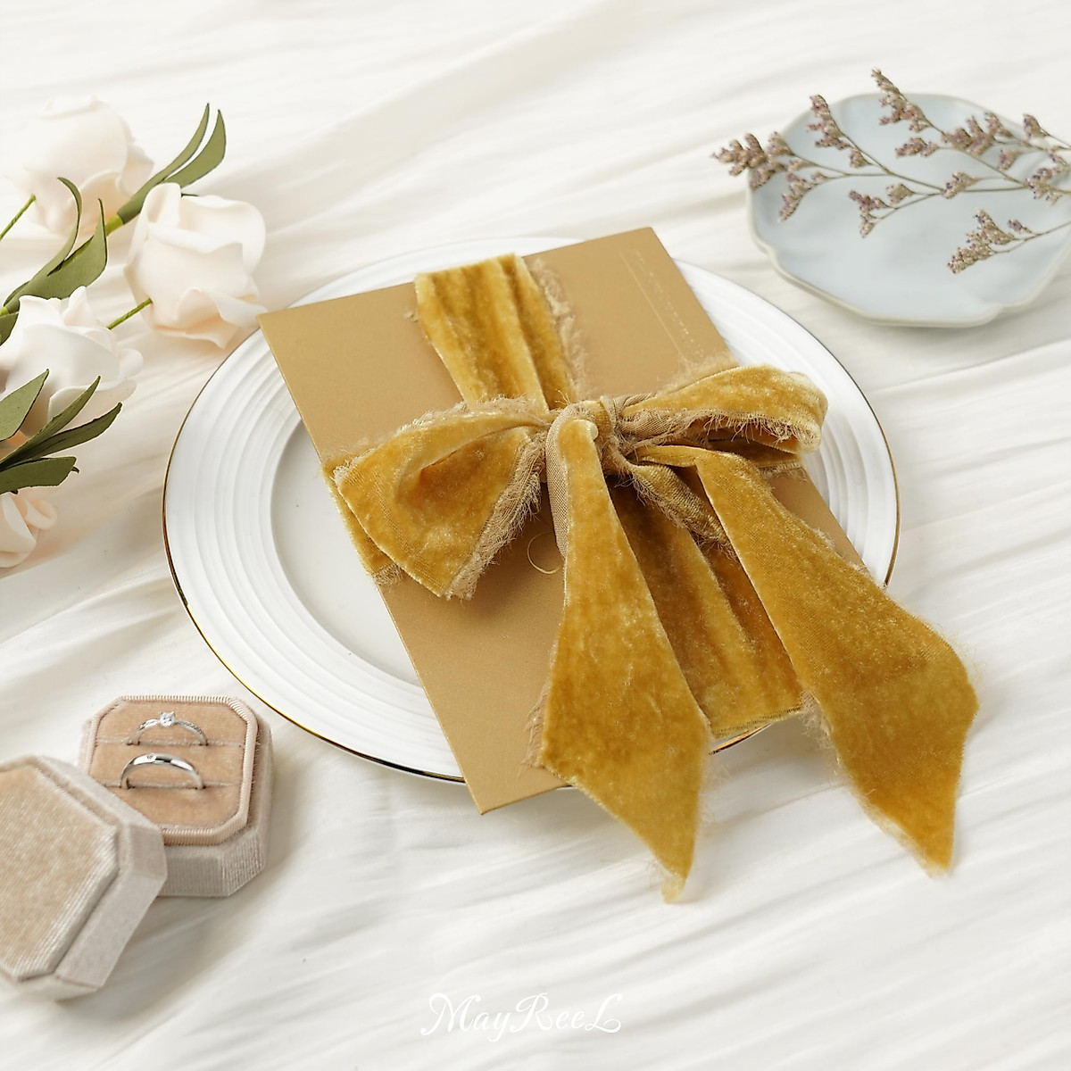 MAYREEL 2 Inch Gold Velvet Ribbon Hand Torn Golden Silk Frayed Edge for Bridal Bouquets Invitations Wedding Vow Books Gift Baskets Hair Bows 3 Yards