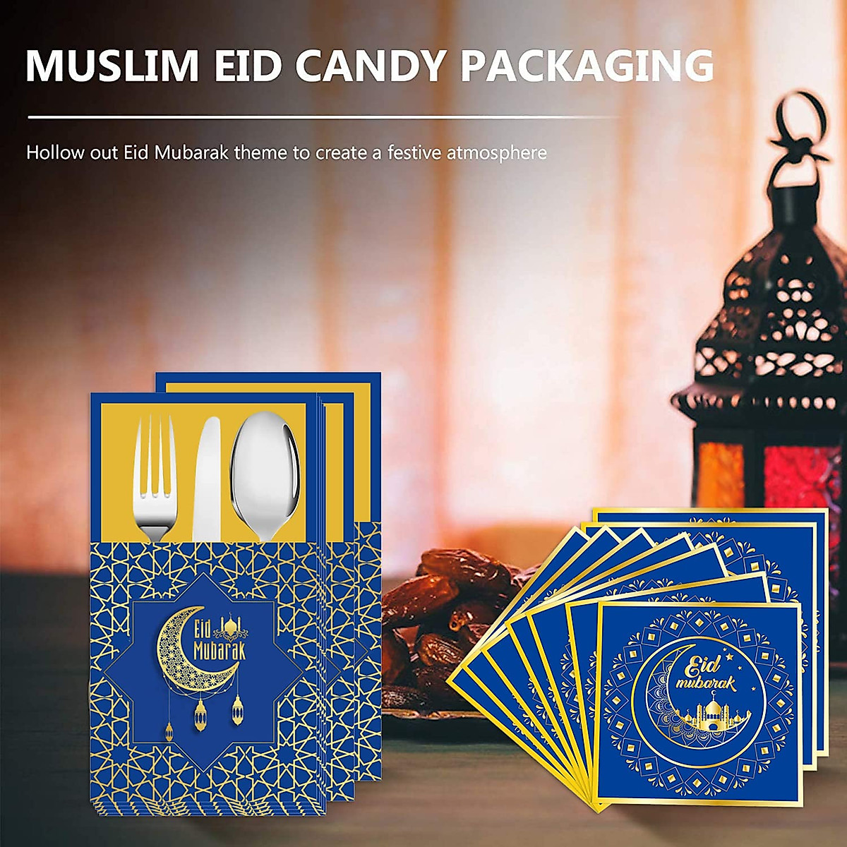 Eid Mubarak Napkins Paper,18 Count Cutlery Holders and 36 Count Ramadan Napkins Lucky Cutlery Decorative Utensil Holders for Ramadan Table Disposable Decorations