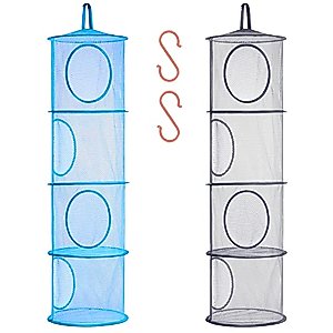 WOTEER Foldable Hanging Storage Mesh Space Saver Bags Organizer,Suspension Storage 3 or 4 Compartments Hanging Stuffed Animal Storage for Kids,2Pack (4 Tier-Blue and Gray)