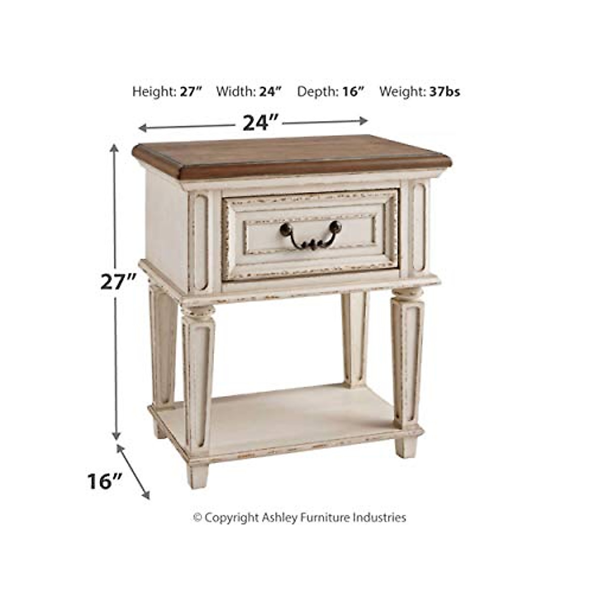 Signature Design by Ashley Realyn Traditional Cottage 1 Drawer Nightstand with Dovetail Construction & Open Display Shelf, Chipped White, 27" Tall, Distressed Brown