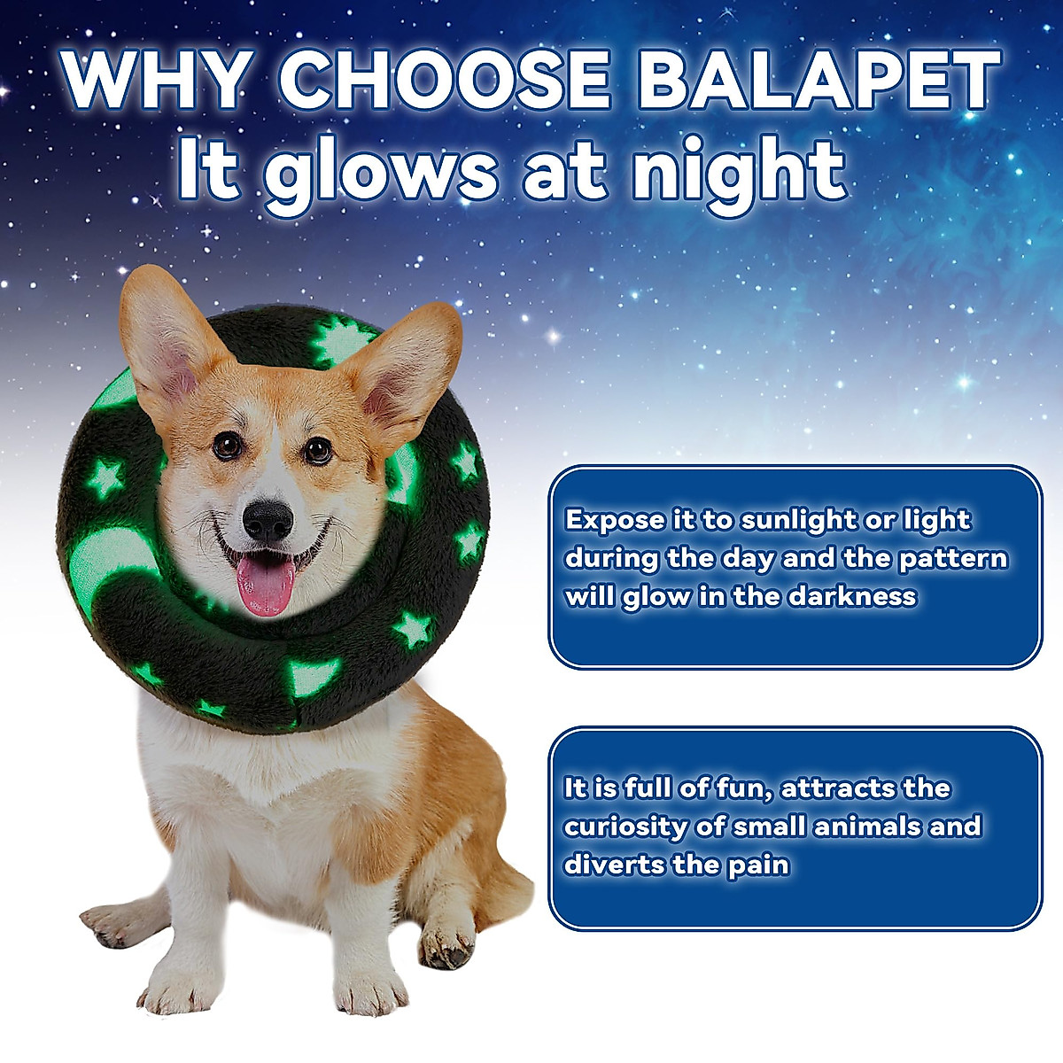 BALAPET Adjustable Soft Dog Cone Pet Recovery Collar for Dogs After Surgery Glow in The Dark Design Protective Elizabethan Collar Not Block Vision Fit for Dogs Recovery and Stop Licking(S)