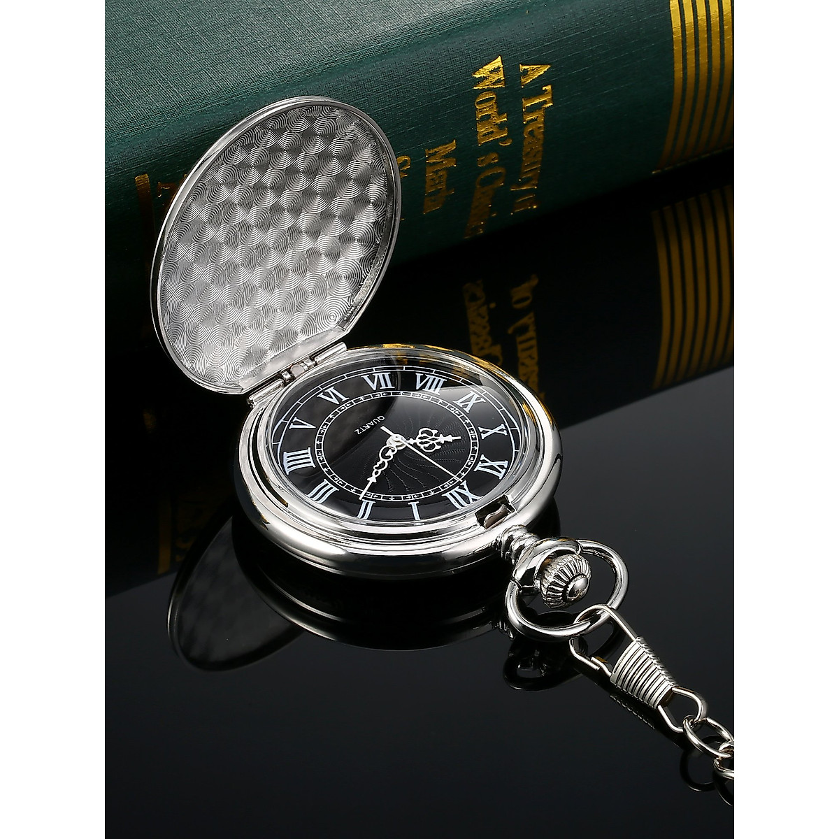 Hicarer Quartz Pocket Watch for Men with Black Dial and Chain Vintage Roman Numerals Christmas Gifts Birthday (Silver)