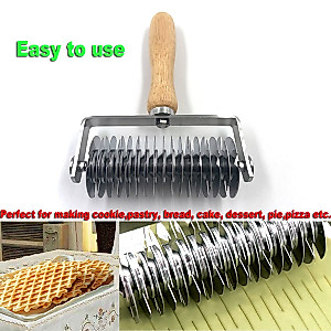 Stainless Steel Dough Lattice Roller Cutter with Wood Handle,Cookie Pie Dessert Pizza Bread Pastry Crust Roller Cutter