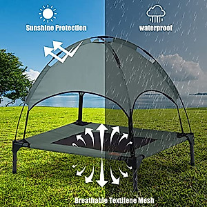 Elevated Dog Bed with Removable Canopy,M Size Portable Dog Bed for Outdoor Camping Hiking,600D Breathable Mesh Fabric and Sunshine Prevention,Raised Mesh Pet Cot with Shade Tent for Medium Dogs