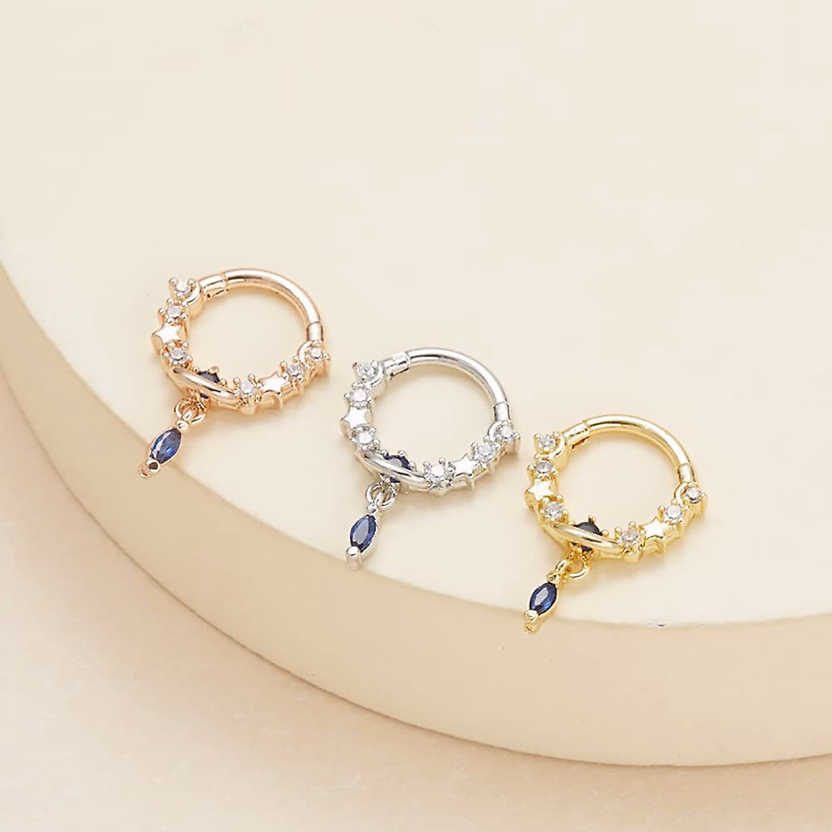 16G Septum Rings Blue Waterdrop Diamond Dangle Septum Jewelry CZ Planet Lucky Star Daith Earring 361L Surgical Stainless Steel Cartilage Piercing Crescent Moon Hinged Earrings Nose Helix Ring Clicker
