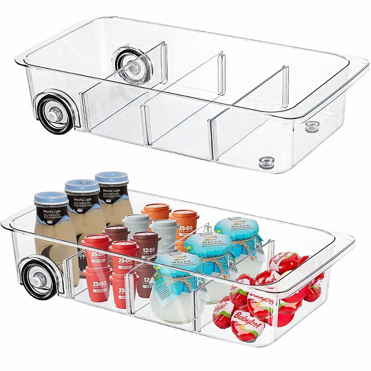 MineSign 2Pack Roll Out Fridge Caddy Bins Pull Out Drawer with Wheels Refrigerator Organizer Bins with Handles Divided Fruit Caddy for Fridge Pantry Cabinet Storage Cans Drinks