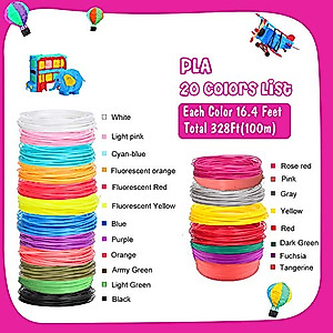 3D Pen Filament 328 Feet 20 Colors, Widon PLA Filament Bonus Finger Caps, 1.75mm Filament Refills, Non-Toxic, Smooth Printing and Kids Safe
