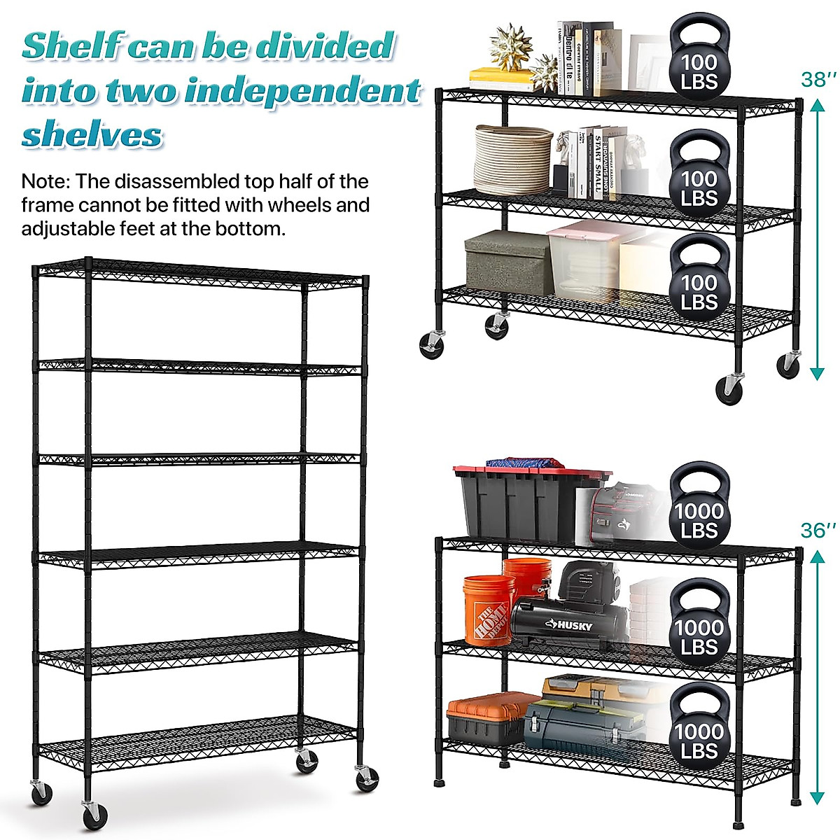 YRLLENSDAN 6 Tier Wire Shelving Unit 6000lbs Capacity Metal Storage Shelves with Wheels Height Adjustable Heavy Duty Steel Shelf for Kitchen Garage,48" W x 18" D x 72" H, Black