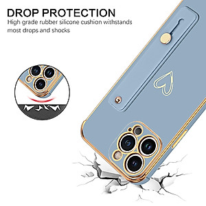 BENTOBEN for iPhone 13 Pro Max Phone Case, Cute Heart Adjustable Strap Wristband Kickstand Holder Shockproof Protective Soft TPU Luxury Plating Raised Trim Girls Women iPhone 13 Pro Max Case, Gray