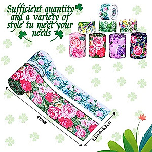 Kuscul 32 Yards Floral Wired Ribbon 8 Rolls Watercolor Rose Flower Ribbon Mother's Day Wired Edge Ribbon Spring Summer Gift Wrap Ribbon for Hair Bow Sewing Wedding Home Wreath Decor, 2.5in/ 1.5in