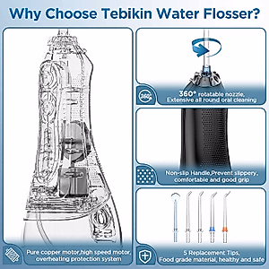 TEBIKIN Cordless Water Flosser Portable Dental Professional Oral Irrigator with Gravity Ball Powerful Travel Water Teeth Cleaner with 5 Levels 5 Tips IPX7 Waterproof 300ML for Home Travel