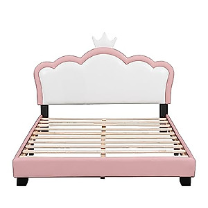 GYYBED Full Size Upholstered Princess Bed with Crown Headboard,Full Bed Frames for Girls Full Bed Frame Girl Full Size Bed Frames for Girls Full Bed Frames for Kids (White+Pink, Full)