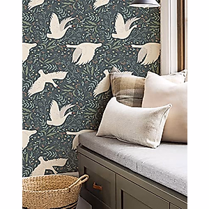 17.3"x 236.2" Wildwood Peel and Stick Wallpaper, Green Leaf and White Swan Removable Wallpaper Flying Swan Self-Adhesive Floral Wall Paper Home Deco Contact Paper for Cabinets Furniture Bedroom