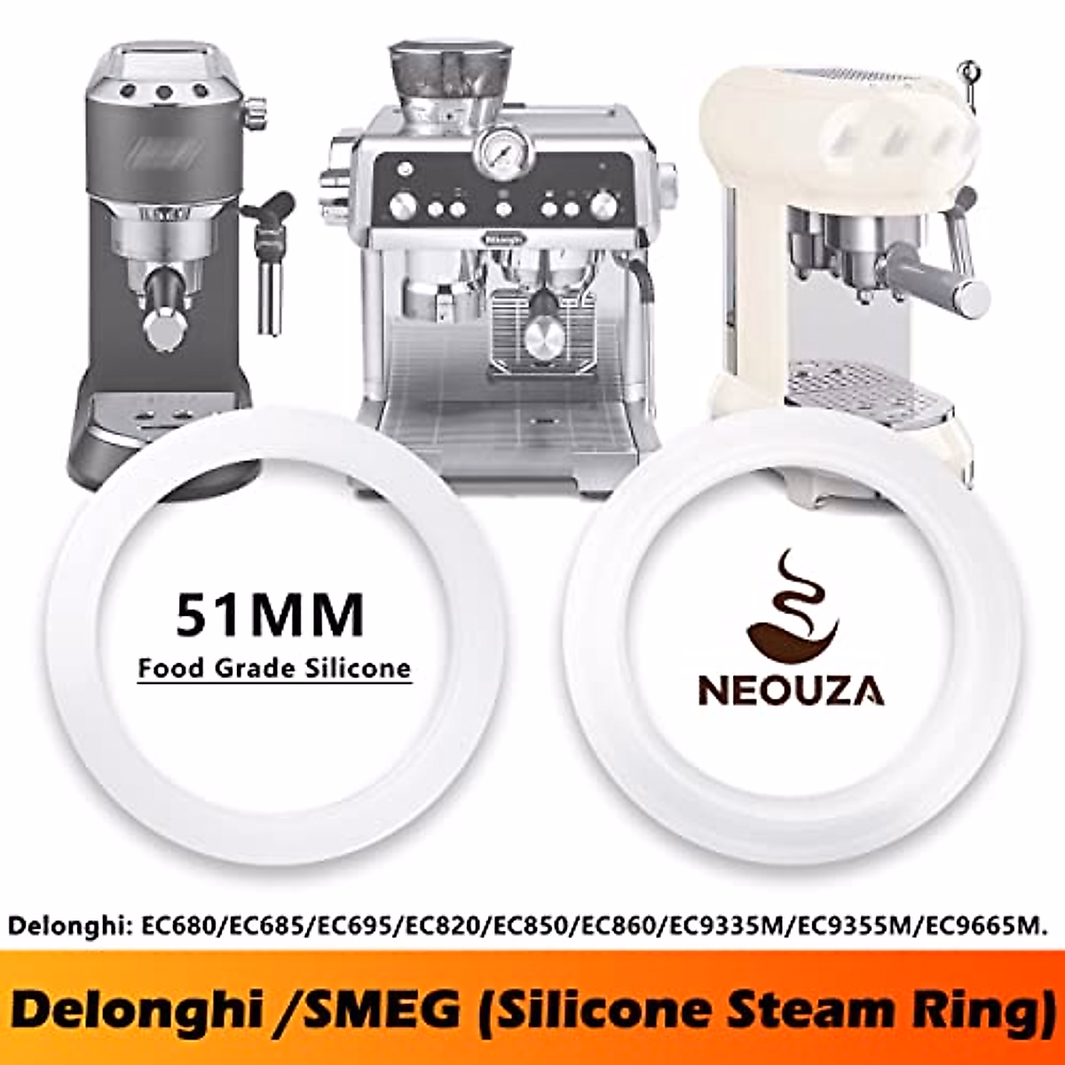 NEOUZA 51mm Brewing Group Head Silicone Gasket 2Pcs Compatible with Delonghi Dedica EC680/EC685/820/850/860 Smeg ECF01