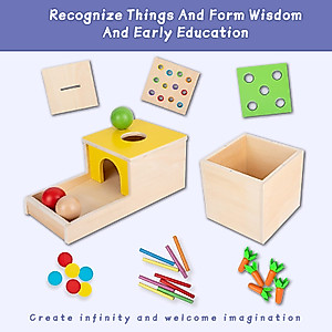 Adena Montessori 4 in 1 Wooden Play Kit Baby Toys,Object Permanence Box,Matchstick Color Drop Game,Carrot Harvest and Coin Box,Ball Drop Toy for Kid 1,2,3 Year Old,Girl Boy Gift for Baby 6-12 Month