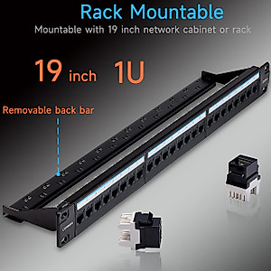 Lysymixs Cat6 Patch Panel 24 Port with Keystone, RJ45 Network Patch Panel 19 Inch, Punch Down Keystone Ethernet Patch Panel with Back Bar