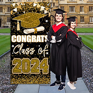 Gold Class of 2024 Banner Gold Graduation Party Decorations Class of 2024 Door Banner for Indoor/Outdoor High School Congrats Grad Party Supplies