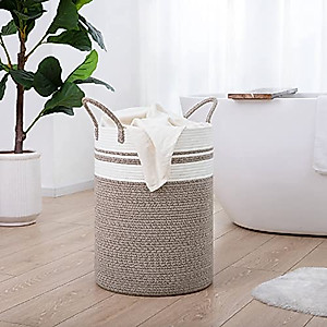 CHICVITA Baby Nursery Laundry Hamper, Tall Woven Rope Laundry Basket with Handle for Clothes, Towels, Toys, Blankets, Jute Basket Decor for Living Room, 15 x 20 inches, 58L White & Brown