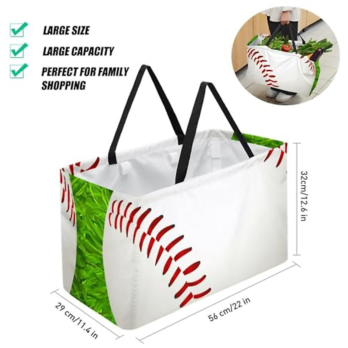 suojapuku Reusable Grocery Bags,Green grass and baseball,Lightweight Recycling Shopping Totes Bag with Handle for Groceries