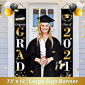 Graduation Decorations-2021,Graduation Decoration Hanging Banner Home Door Porch , Welcome Home Decor Sign,Congrats Graduation Party Supplies Hanging Gold Black And White Banner