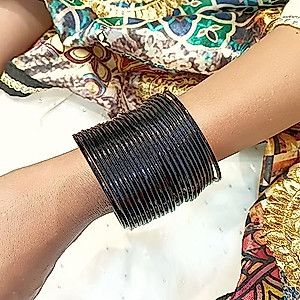 Efulgenz Indian Wedding Bangles Set Glossy Black Bangles Bollywood Plain Metal Bangle Bracelets Bridal Bangle Set for Women (24 Pcs) Size 2.4