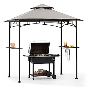 Sunjoy 5 x 8 ft Black Steel Frame Double Tiered Canopy Grill Gazebo for Outdoor, Patio, Garden, and Backyard Activities,Gray and Black