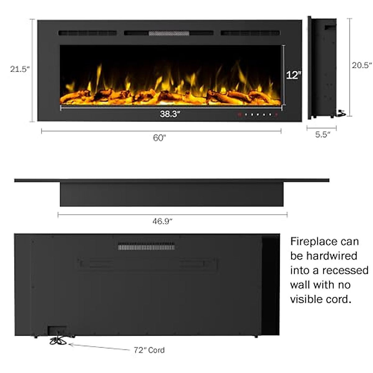60” Electric Fireplace-Front Vent, Wall Mount or Recessed-3 Color LED Flame, 10 Fuel Bed Colors & 3 Media-Touch Screen & Remote Control by Lavish Home
