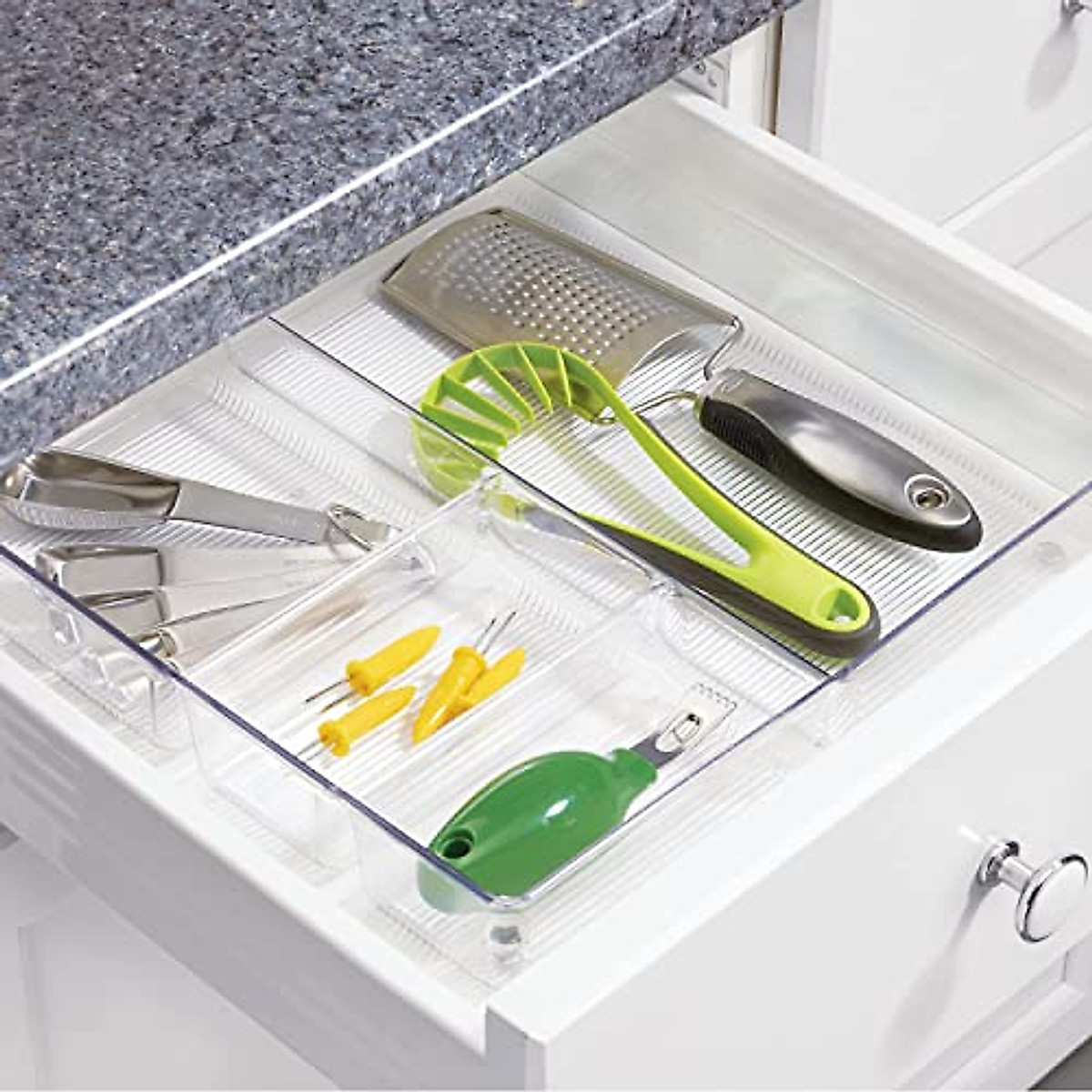 iDesign Linus Kitchen Drawer Organizer for Silverware, Spatulas, Gadgets - 12" x 12" x 2", Clear