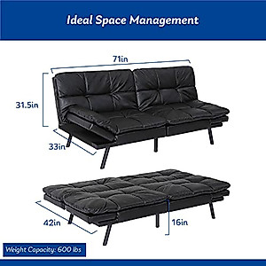 MLILY Modern Futon Sofa Bed, Convertible Sofa Loveseat with Adjustable Backrest and Armrest, Memory Foam Sleeper Couch Bed for Office, Living Room, Bedroom and Sitting Room, Black
