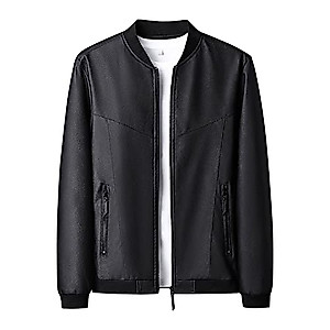 Maiyifu-GJ Men Stand Collar Leather Jacket Winter Warm Faux Leather Motorcycle Jackets Casual Pu Zip Up Bomber Biker Coat (Black,5X-Large)
