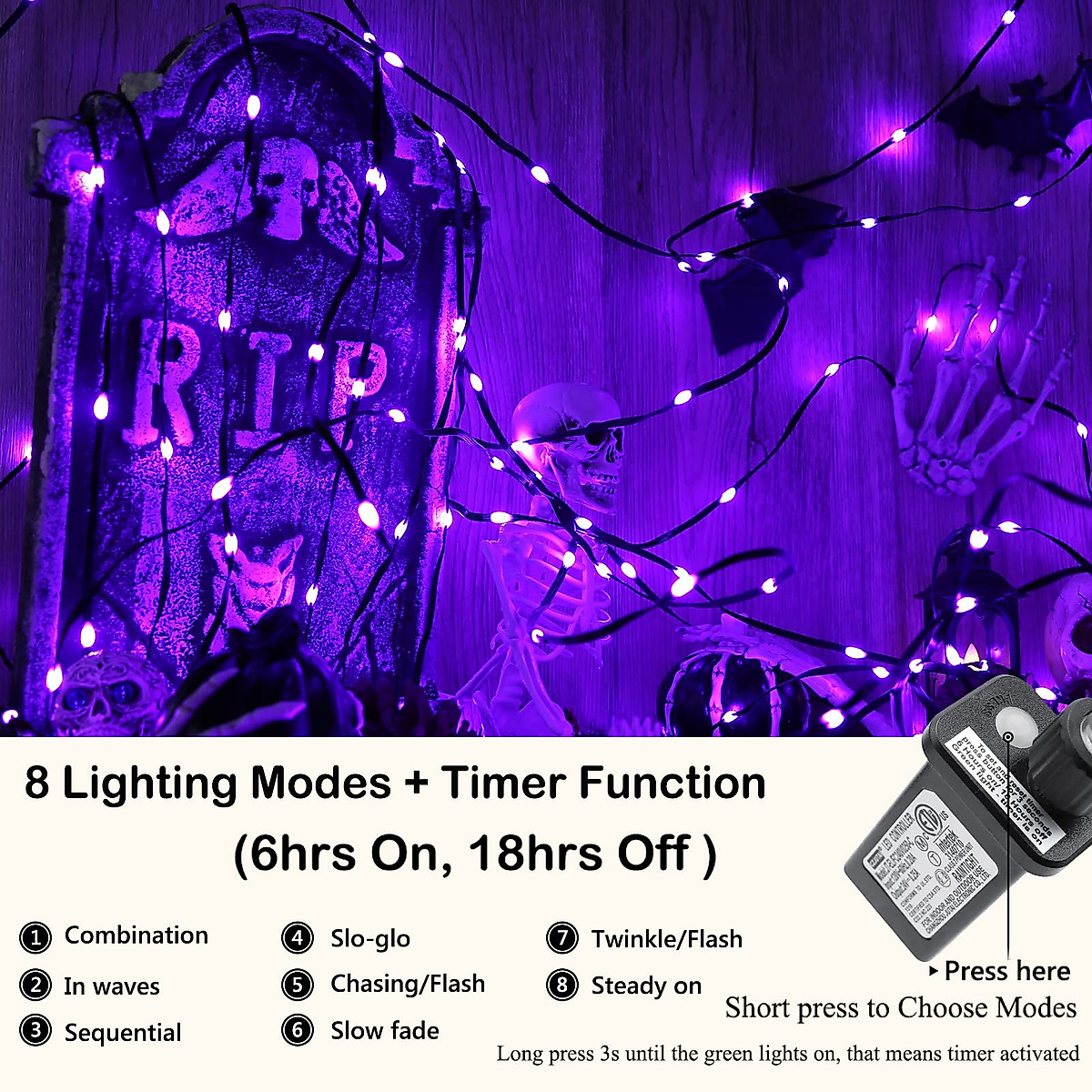 Joomer Purple Halloween Lights, 66ft 200 LED Halloween Light Plug In Timer Indoor Outdoor Fairy Twinkle Tree Light Waterproof 8 Modes for Home Halloween Decorations