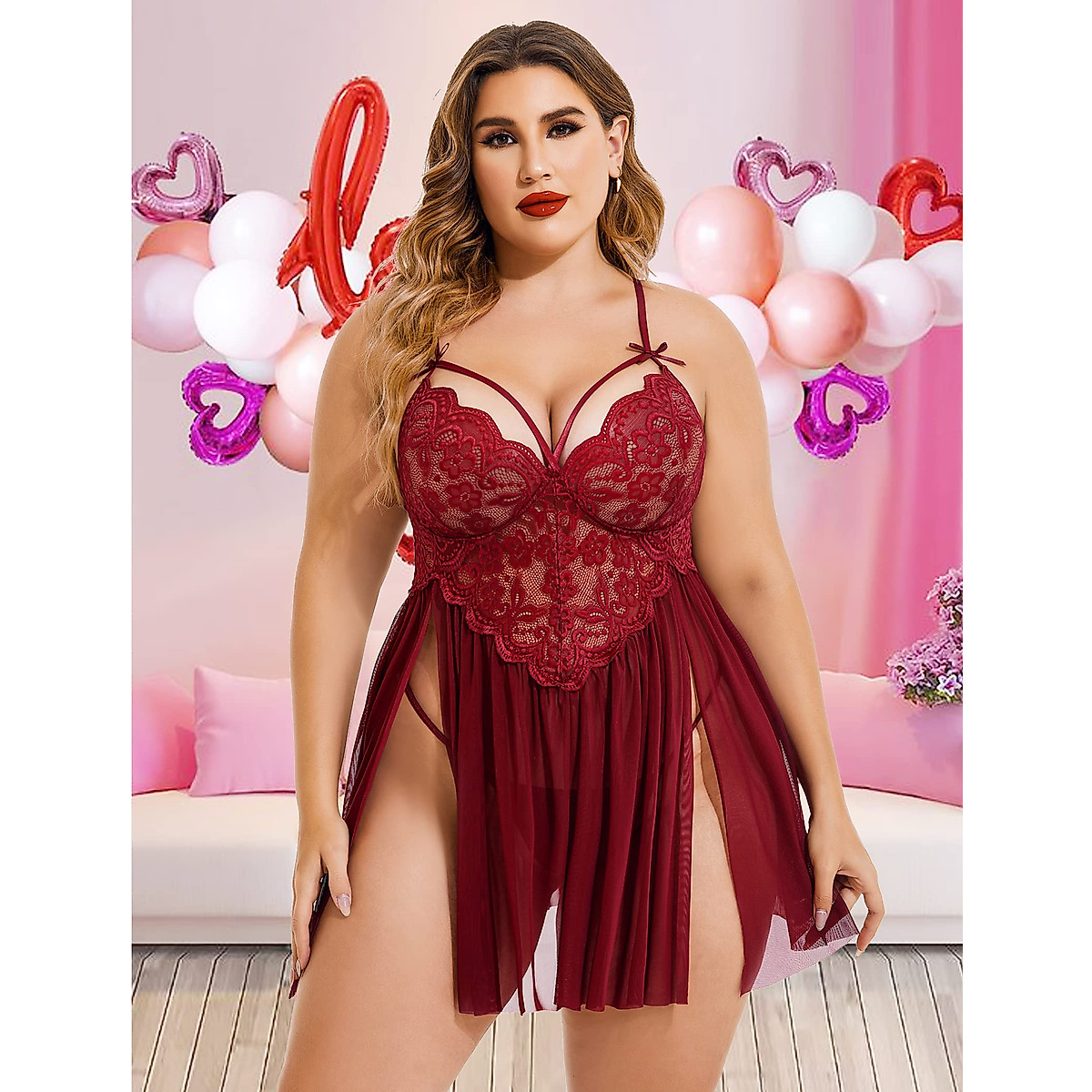 Avidlove Plus Size Lingerie for Women Valentines Day Lace Babydoll Nightgown Sexy Sleepwear Sheer Mesh Nightwear Dark Red