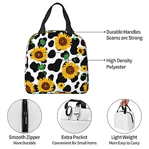 Srucddu Cow Print Sunflower Lunch Bag For Women, Insulated Reusable Leakproof Lunch Box Cooler Tote Bag For Adult Office Work Picnic