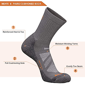 Heatuff Men's 6 Pack Hiking Crew Socks Athletic Cushion Outdoor Trekking Sock Reinforced Heel and Toe
