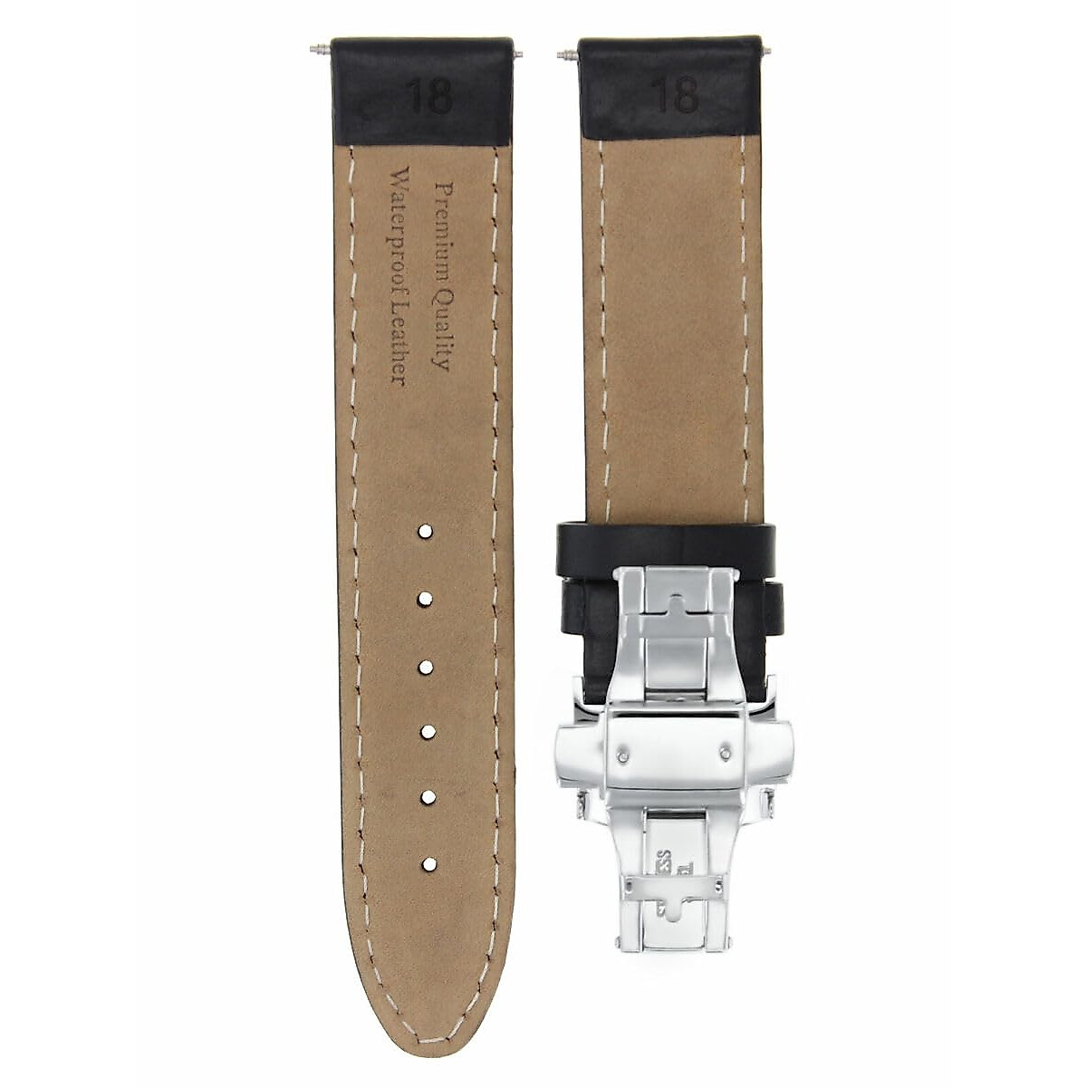Ewatchparts 18MM LEATHER WATCH BAND SMOOTH WATERPROOF STRAP COMPATIBLE WITH IWC BUTTERFLY CLASP BLACK WS