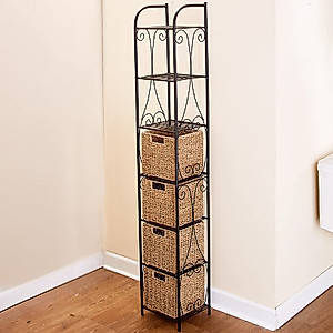 The Lakeside Collection Slim Seagrass Tower Shelving with Baskets for Extra Home Storage Space