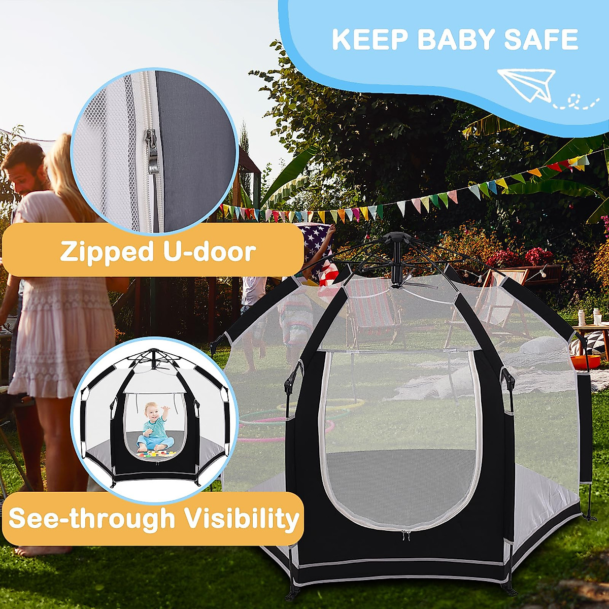 Baby Playpen, Extra Large Playard for Toddlers, 29+ sq. ft Space, Kids' Safety Playard & Activity Center, Large Ball Pit for Indoor & Outdoor, Portable Anti-Fall Playpen for Infants (Black)