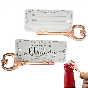 Aokbean 50pcs Key Bottle Opener Place Card Holder for Weddings Table Name Cards for Guests Souvenirs with French Ribbon (Rose Gold)