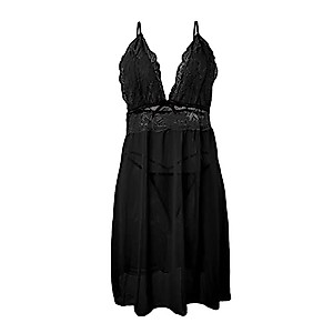 Sexy Lingerie for Women 3 Piece Set Women Babydoll Nightgown Chemises Lace Modal Sleepwear V-Neck Full Slip Sleep Dress Lingerie for Women Nightgown A-Black