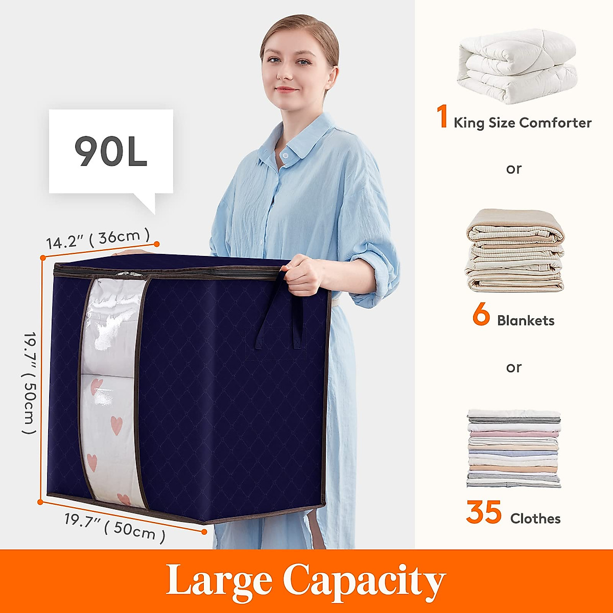 Lifewit Clothes Storage Bag 90L Large Capacity Organizer with Reinforced Handle Thick Fabric for Comforters, Blankets, Bedding, Foldable with Sturdy Zipper, Clear Window, 5 Pack, Grey