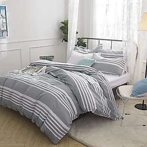 Merryfeel Cotton Duvet Cover Set,100% Cotton Seersucker Stripe Duvet Cover Set, Yarn Dyed Bedding Set,3 Pieces - Full/Queen - Grey