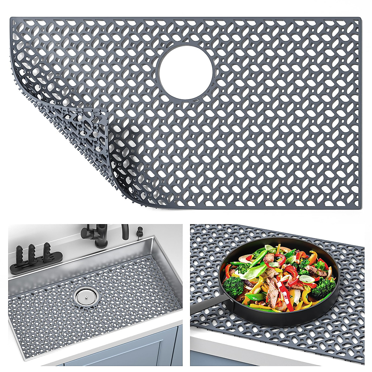 Sink Mat Protector for Kitchen Sink, JUSTOGO 29.5" x 15.6" Silicone Kitchen Sink Protector Grid for Stainless Steel Sink with Rear Drain, Heat Resistant