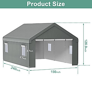 ROOMTEC Outdoor 13x20 FT Carport, Heavy Duty Canopy Storage Shed with Mesh Windows and Pure iron pipe, Waterproof Oxford Cloth, Removable Sidewalls & Doors, for Car, Boat, Party, Wedding, Light Grey